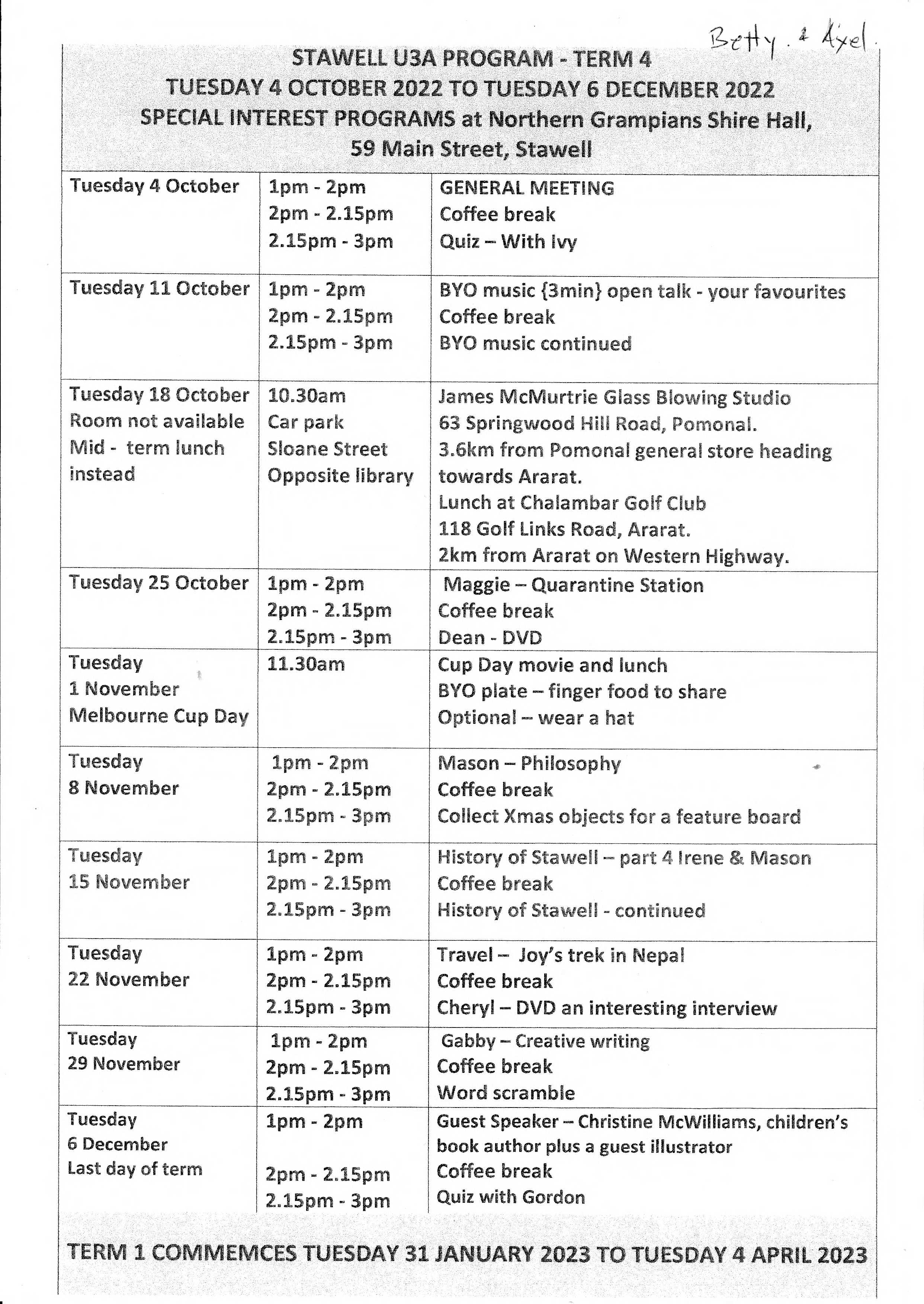 Stawell U3A Term 4 Activities